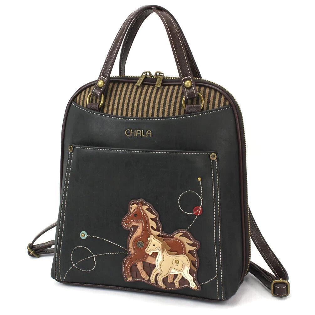 Chala Black Horse Convertible Backpack Purse Tote Faux Leather Canvas ...